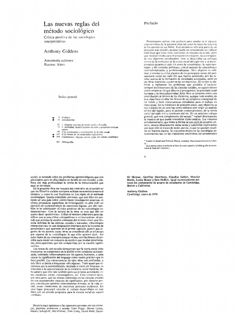 Giddens Anthony Las Nuevas Reglas Del Metodo Sociologico Prefacio Introduccion Conclusiones | PDF