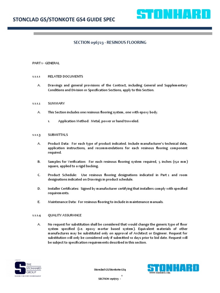 Stonclad GS Stonkote GS4 Guide Spec - en - US | PDF | Flooring | Concrete