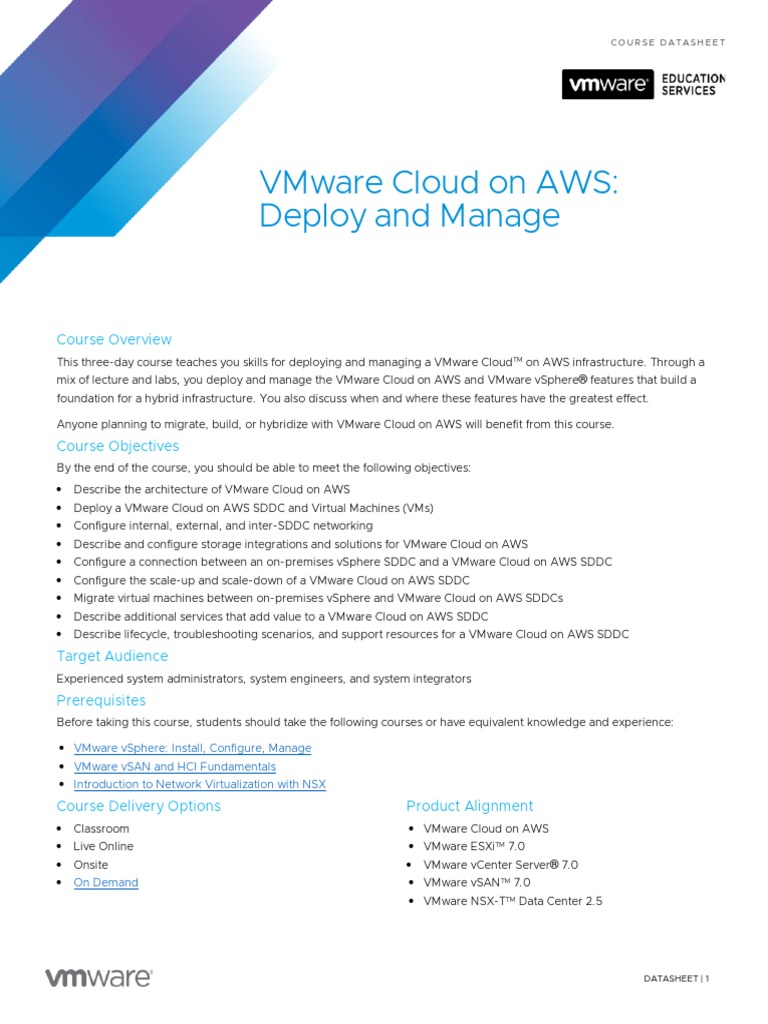 EDU - DATASHEET VMware Cloud On AWS Deploy and Manage 2020 | PDF