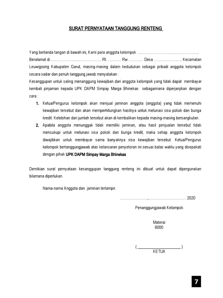 7 Surat Pernyataan Tanggung Renteng | PDF