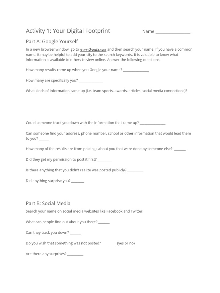 Activity 1: Your Digital Footprint: Part A: Google Yourself | PDF ...