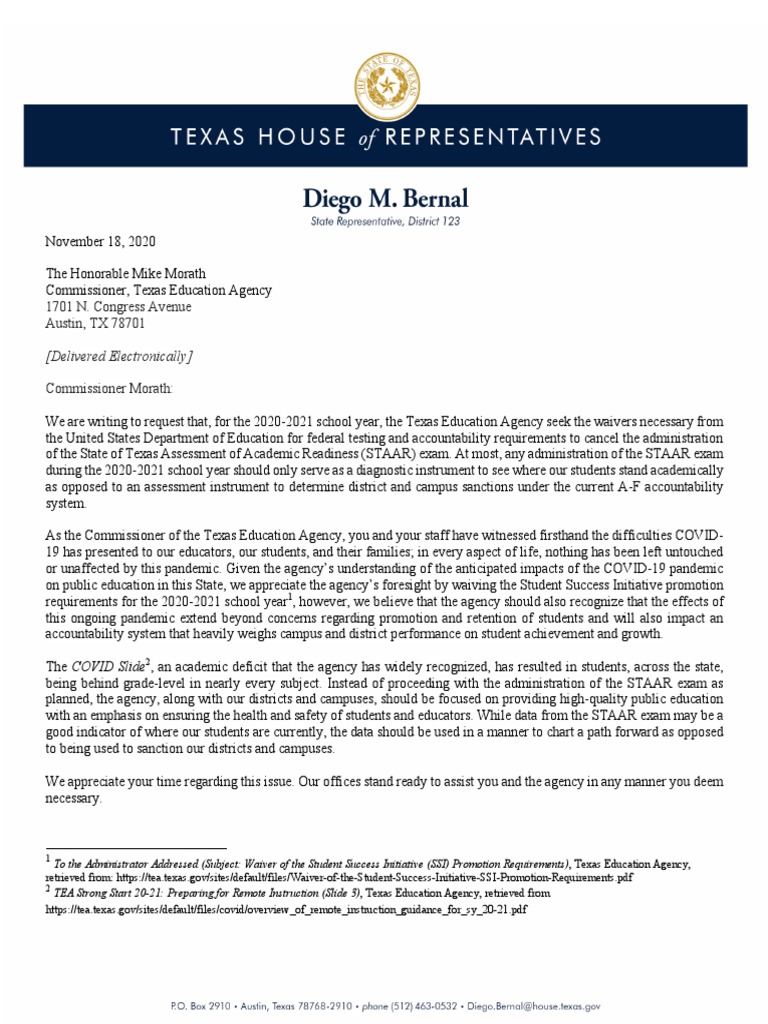Signed STAAR Letter | PDF | Texas | Learning