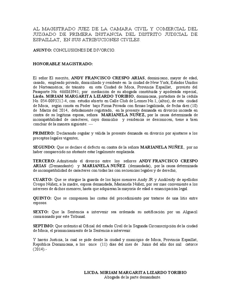 Conclusiones de Divorcio Por Imcompabilidad de Andy Crespo | PDF ...
