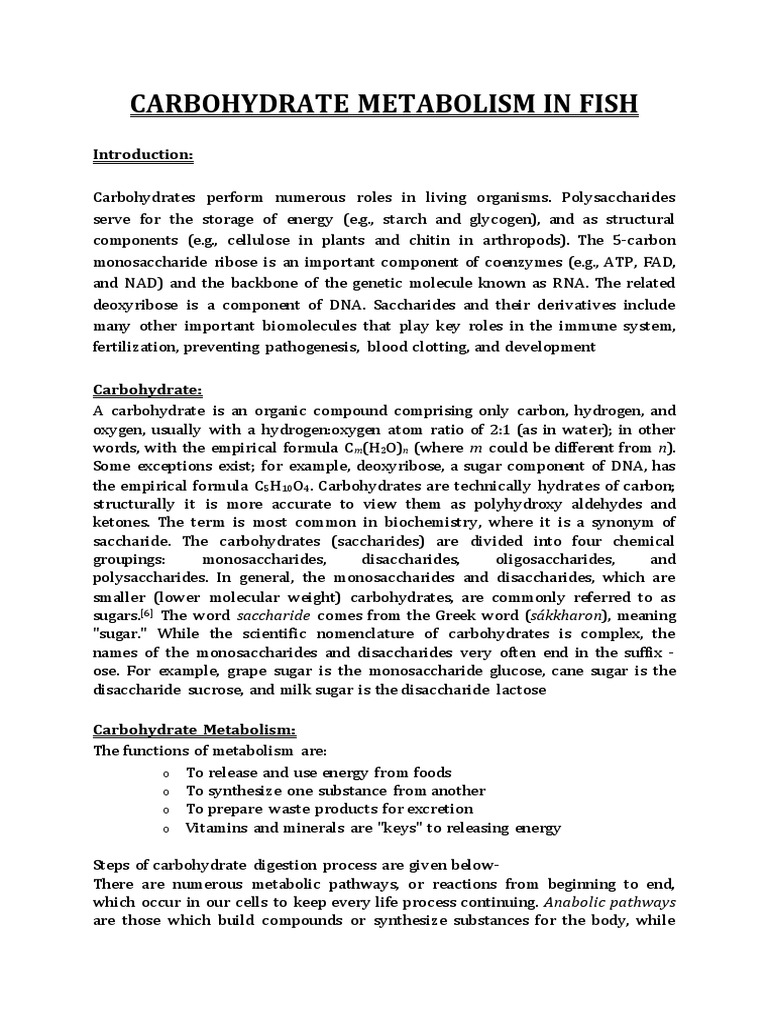 Carbohydrate Metabolism in Fish: o o o o | PDF | Carbohydrates | Glycolysis