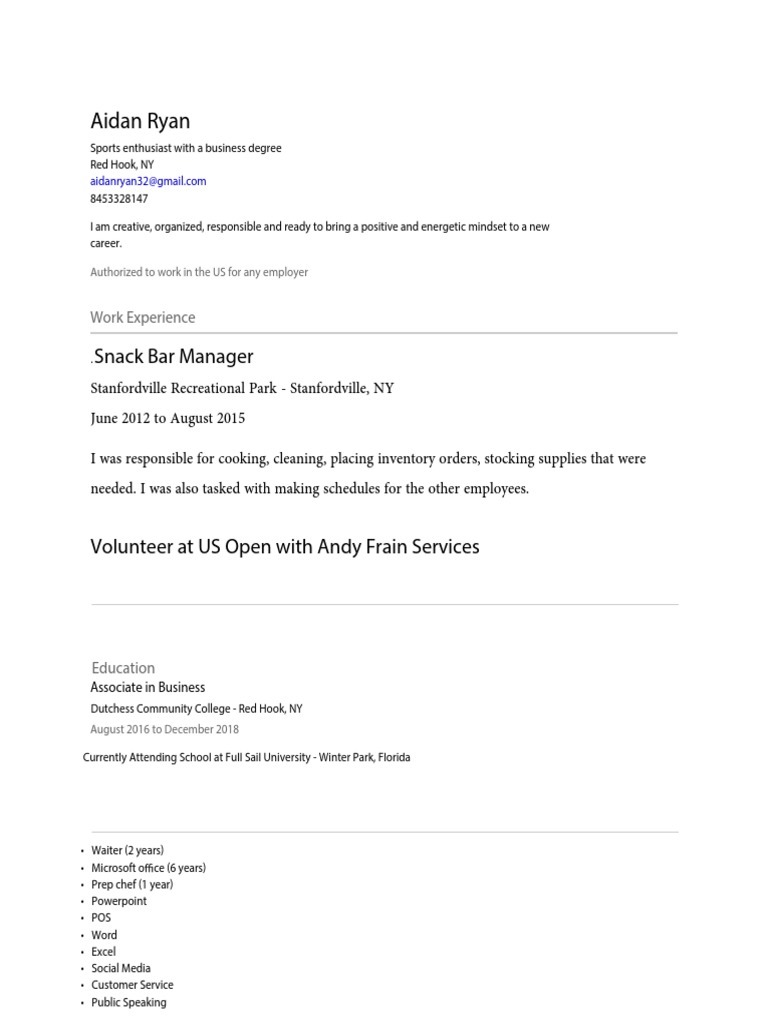 Aidan Ryan: Snack Bar Manager | PDF | Business | Wellness