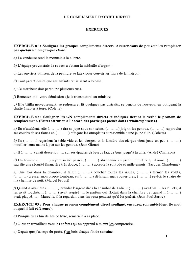 Exercices sur le Complément d'Objet Direct | PDF