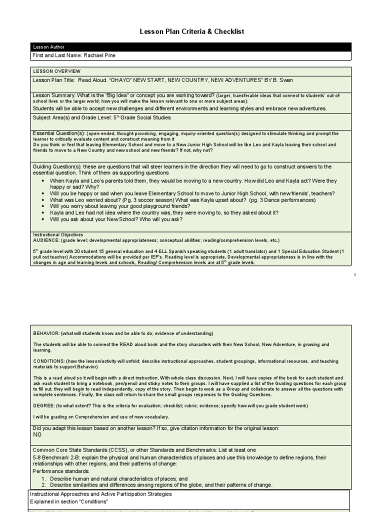Lesson Plan Criteria & Checklist | PDF | Reading Comprehension | Lesson Plan