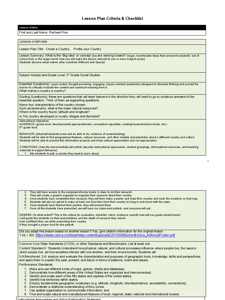 Country Profile Lesson Plan for 5th Grade | PDF | Lesson Plan | Applied ...
