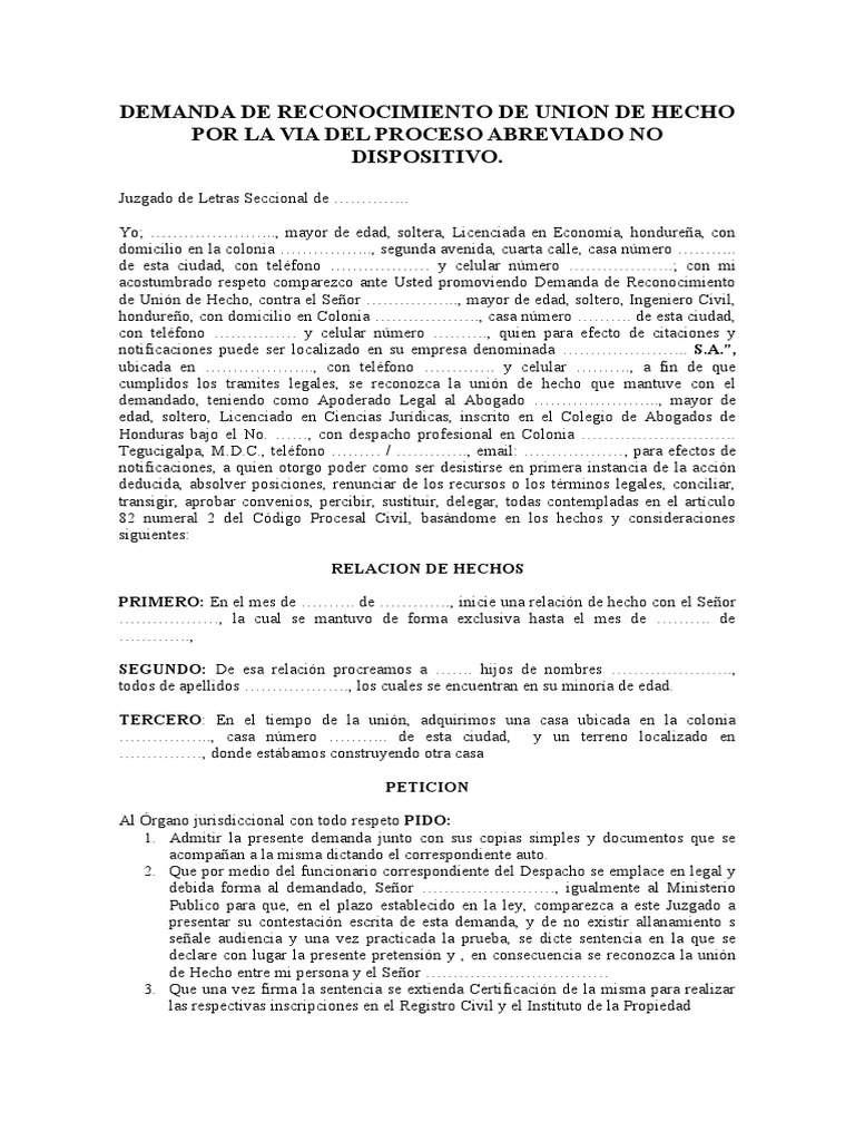 Solicitud de reconocimiento de una unión de hecho y sus consecuencias legales | PDF | Honduras ...