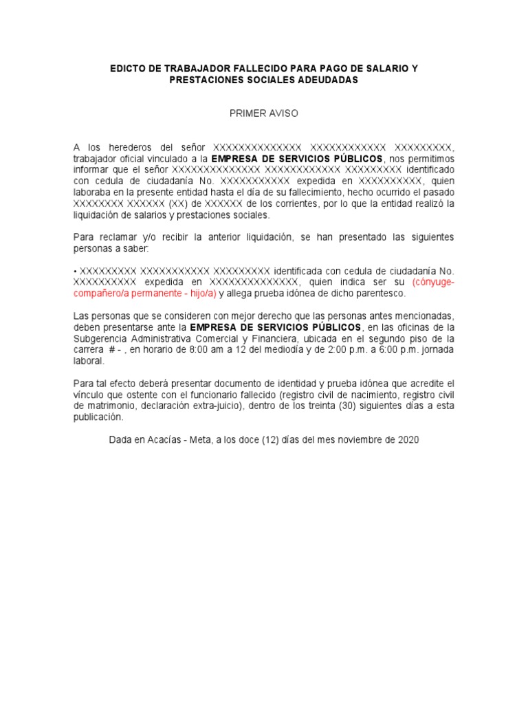 Modelo Edicto Prestaciones Sociales Trabajador Fallecido | PDF