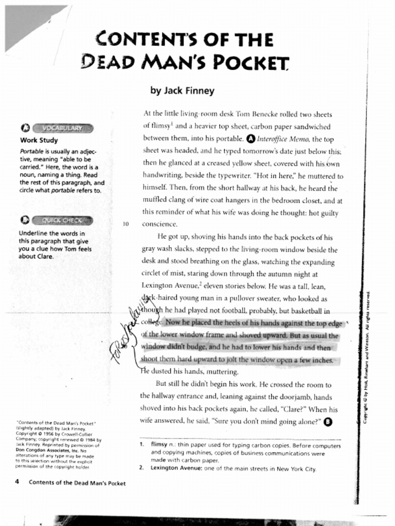Annotated Copy of Contents of The Dead Mans Pocket | PDF