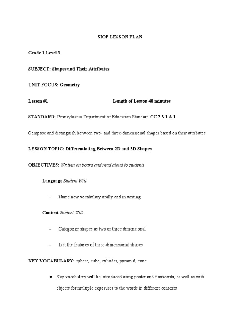 Siop Lesson Plan 1 | PDF | Shape | Vocabulary