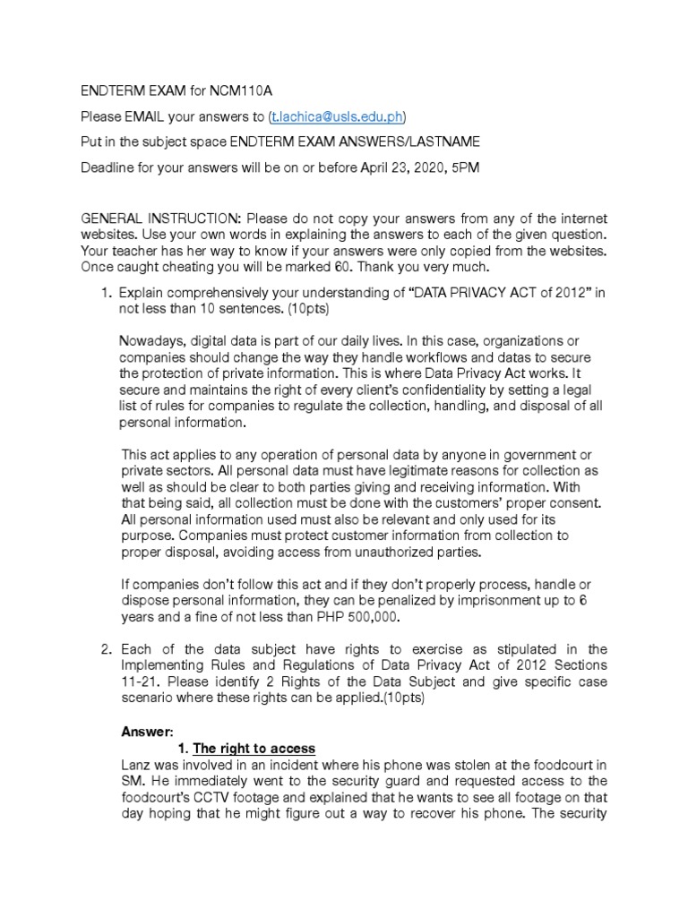 Endterm Exam Answers:jimenea PDF | PDF | Information Privacy | Childbirth