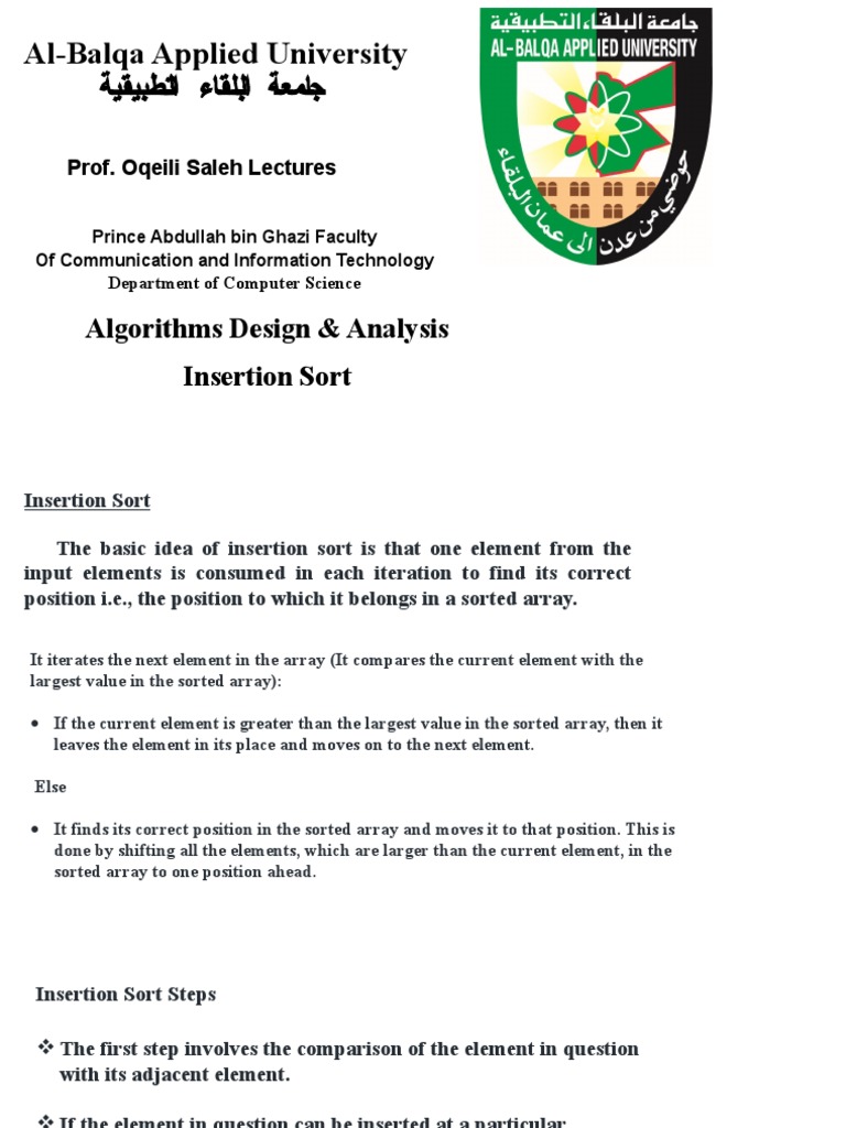 Al-Balqa Applied University ةيقيبطتلا ءاقلبلا ةعماج: Algorithms Design & Analysis Insertion Sort ...