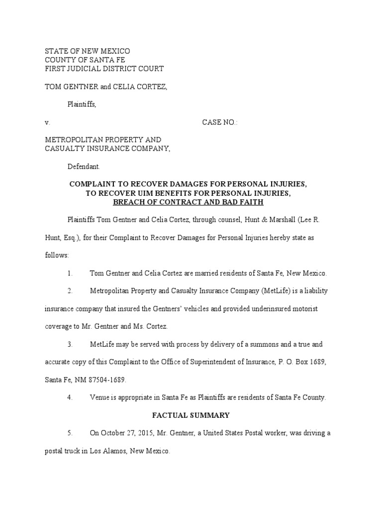 Complaint To Recover Damages For Personal Injuries | PDF | Damages ...