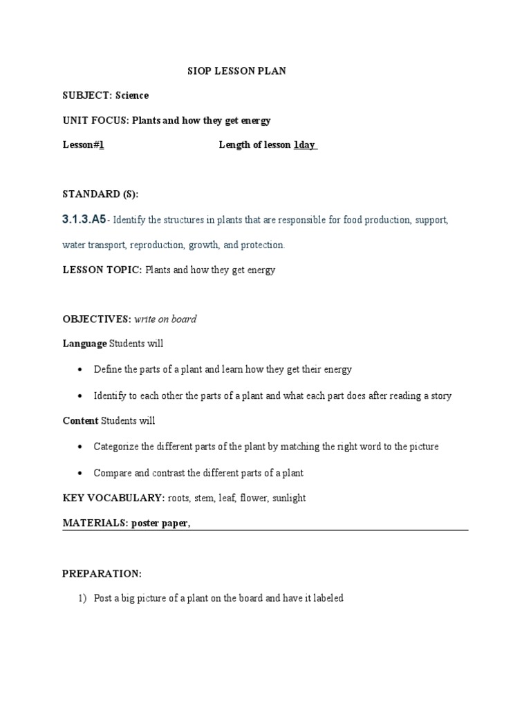 Siop Lesson Plan | PDF | Reading Comprehension | Teachers