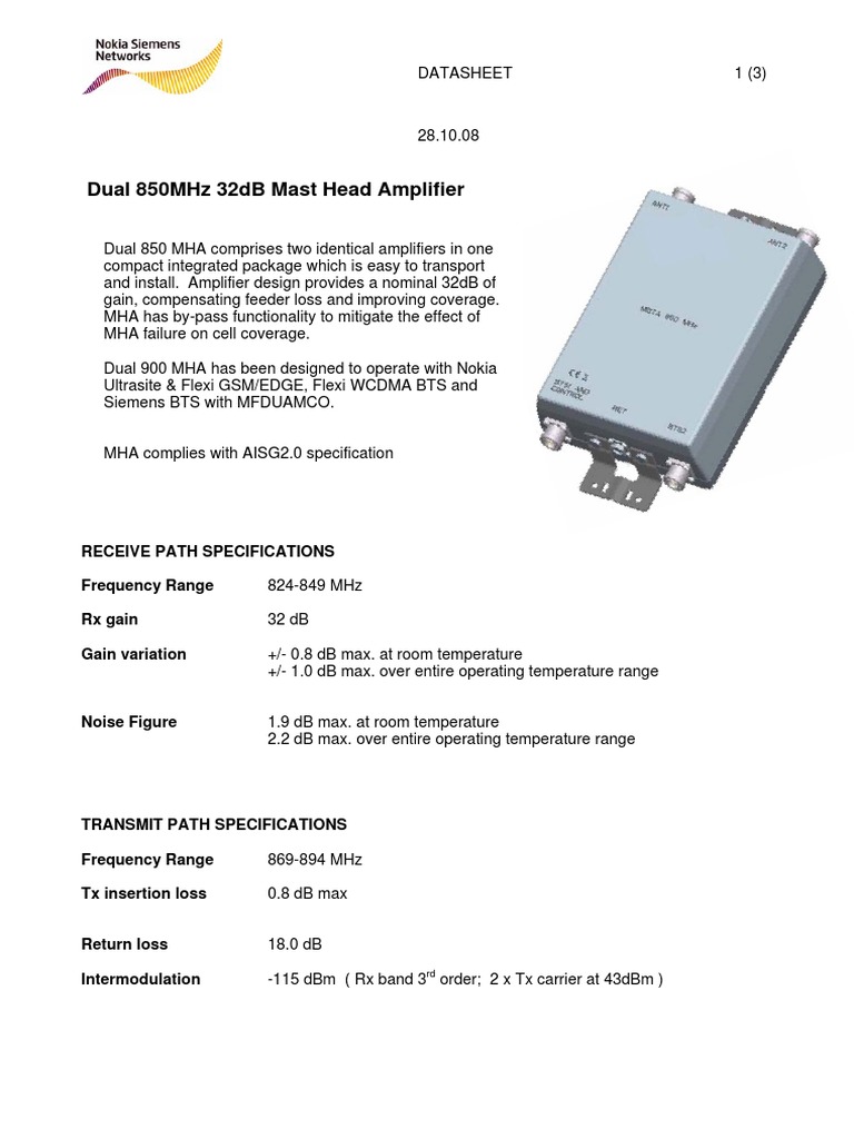 MHA 850 MHZ Datasheet PDF | PDF | Decibel | Amplifier