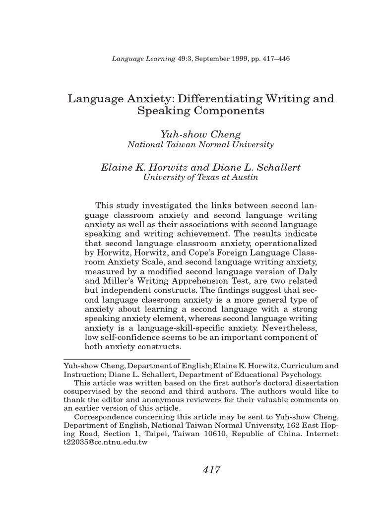 Language Anxiety: Differentiating Writing and Speaking Components | PDF ...