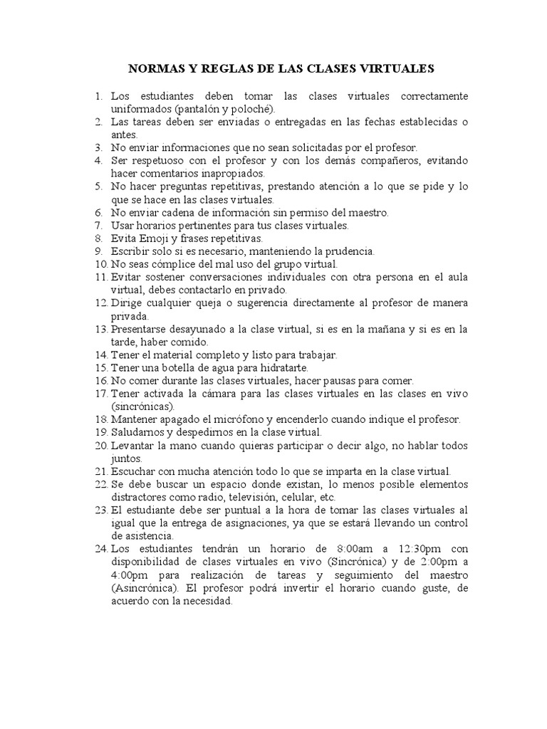 Normas y Reglas de Las Clases Virtuales | PDF