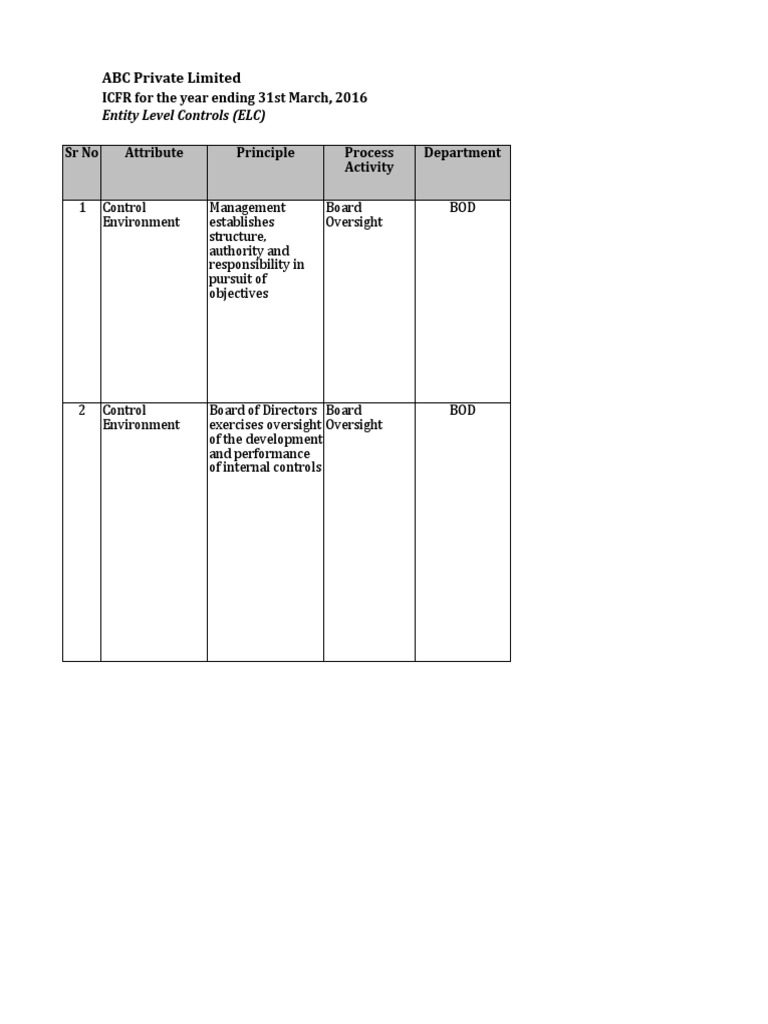 ABC Private Limited: Entity Level Controls (ELC) | PDF | Internal ...