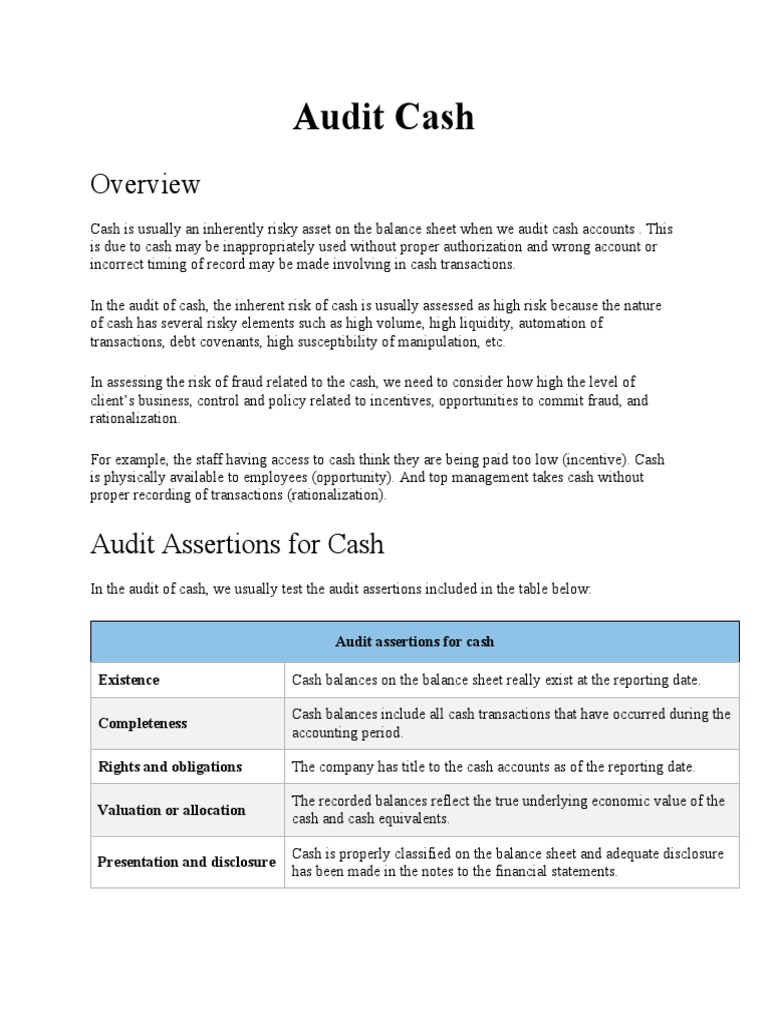 Audit Cash: Understanding the Risks and Testing the Key Assertions and ...