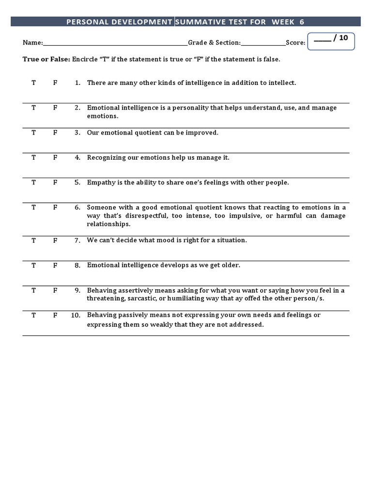 Personal Development Summative Test For Week 6 | PDF