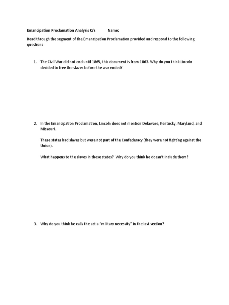 Emancipation Proclamation Analysis Q's Name | PDF