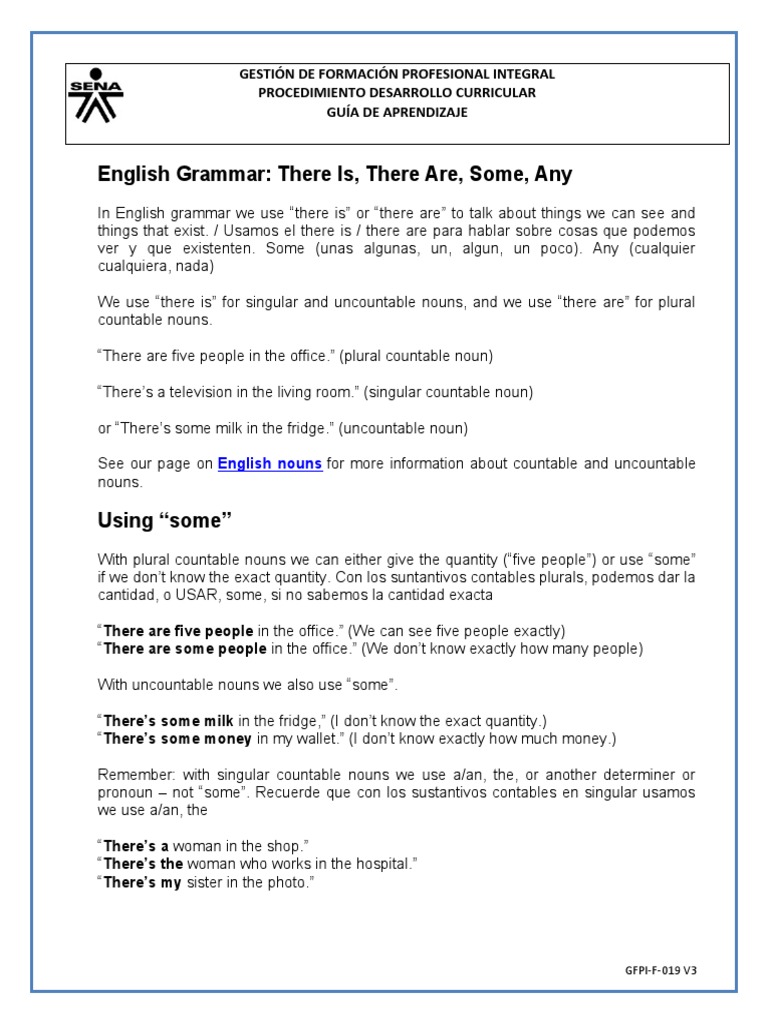 English Grammar: There Is, There Are, Some, Any | PDF | Grammatical ...