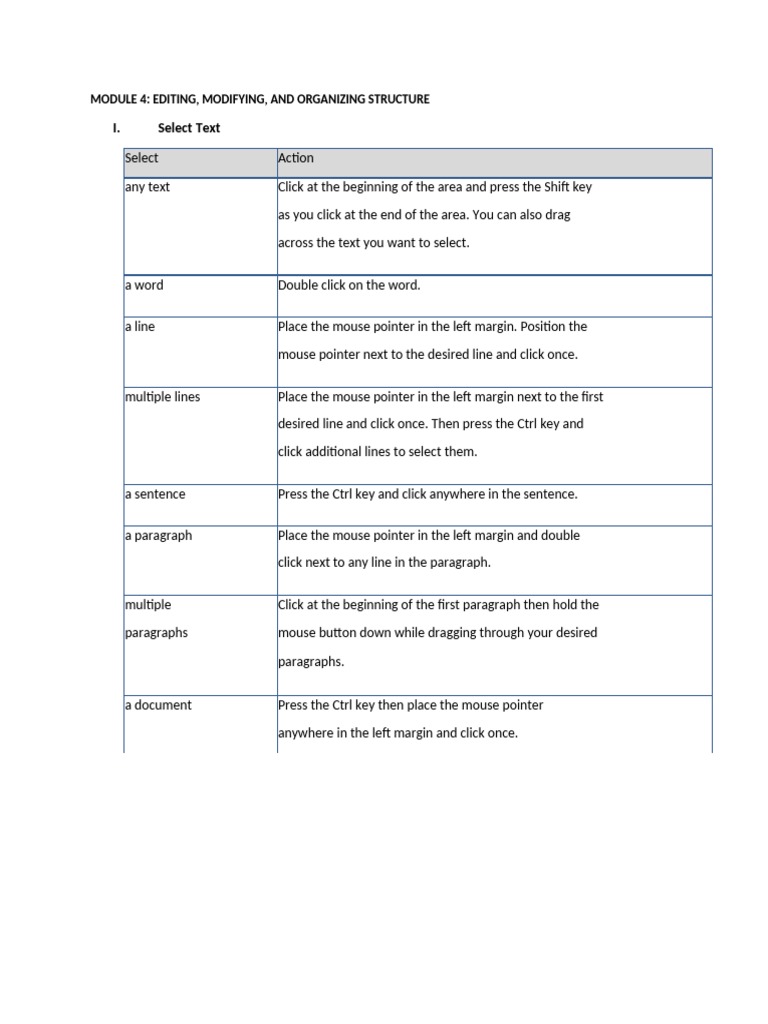 I. Select Text: Module 4: Editing, Modifying, and Organizing Structure ...