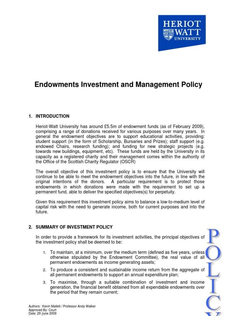 HW Endowments Policy 2009 | PDF | Financial Endowment | Internal Audit