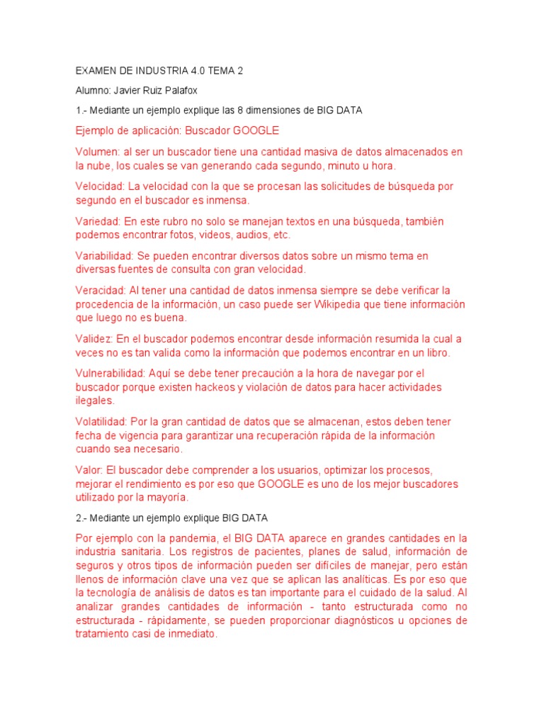 Examen BIG DATA | PDF | Big Data | Internet de las Cosas