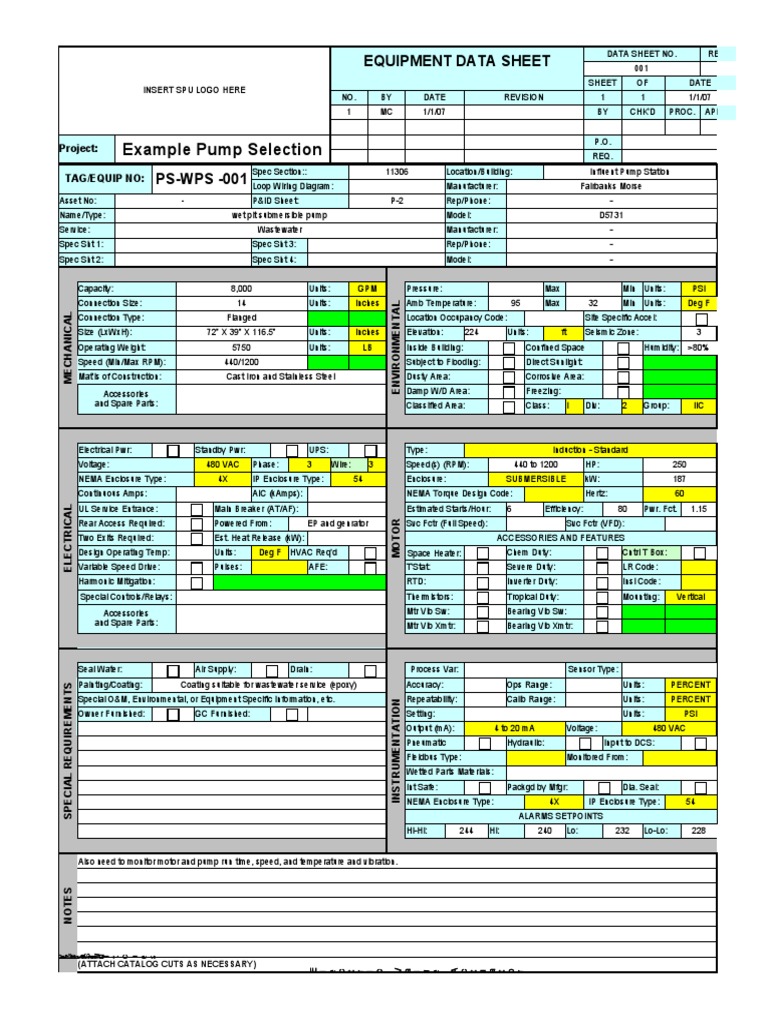 Example Pump Selection: Equipment Data Sheet | PDF | Electrical ...