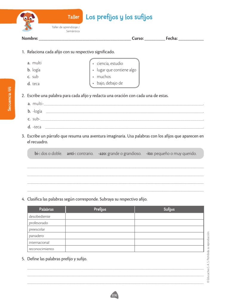 PG 106 Taller de Aprendizaje Prefijos y Sufijos PDF | PDF | Lingüística ...