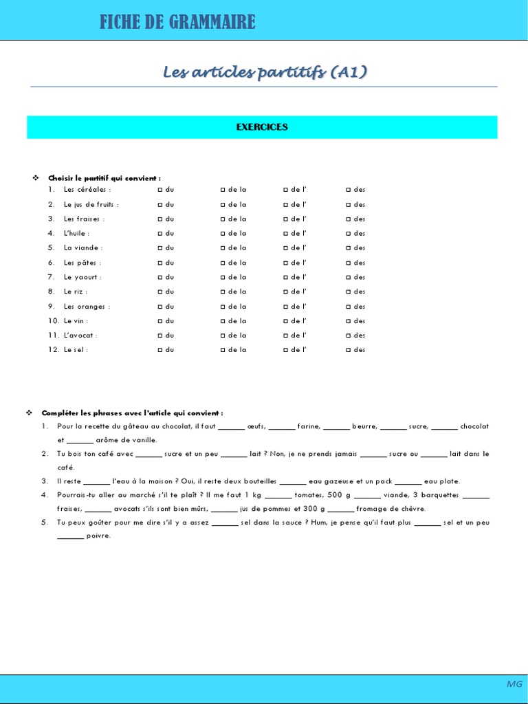 Fiche - Des Articles Partitifs (Exercices) PDF | PDF