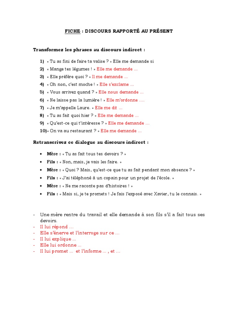 Fiche - Discours Rapporte Au Pre Sent Exercices PDF | PDF