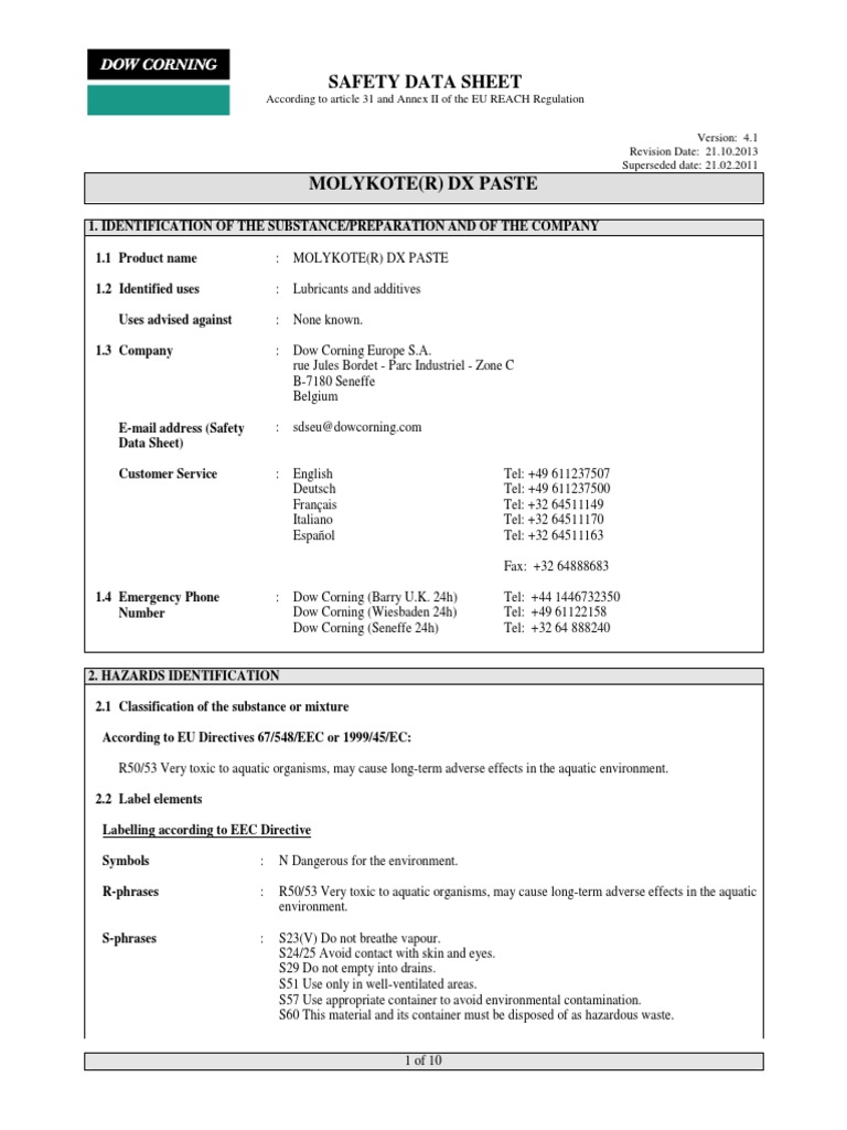 Safety Data Sheet for Molykote DX Paste: A Comprehensive Guide to the ...
