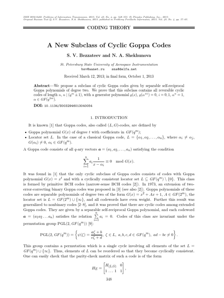 (CODING THEORY-2013) A New Subclass of Cycilc Goppa Codes | PDF | Discrete Mathematics ...