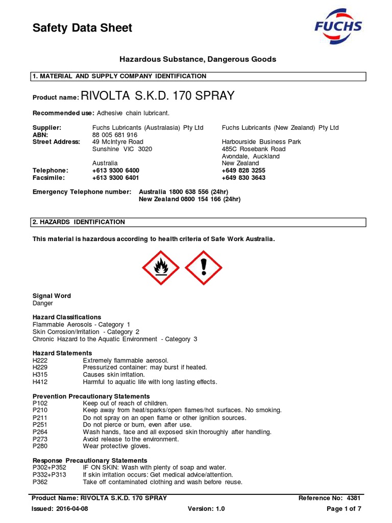 RIVOLTA S.K.D. 170 Spray Safety Data Sheet | PDF