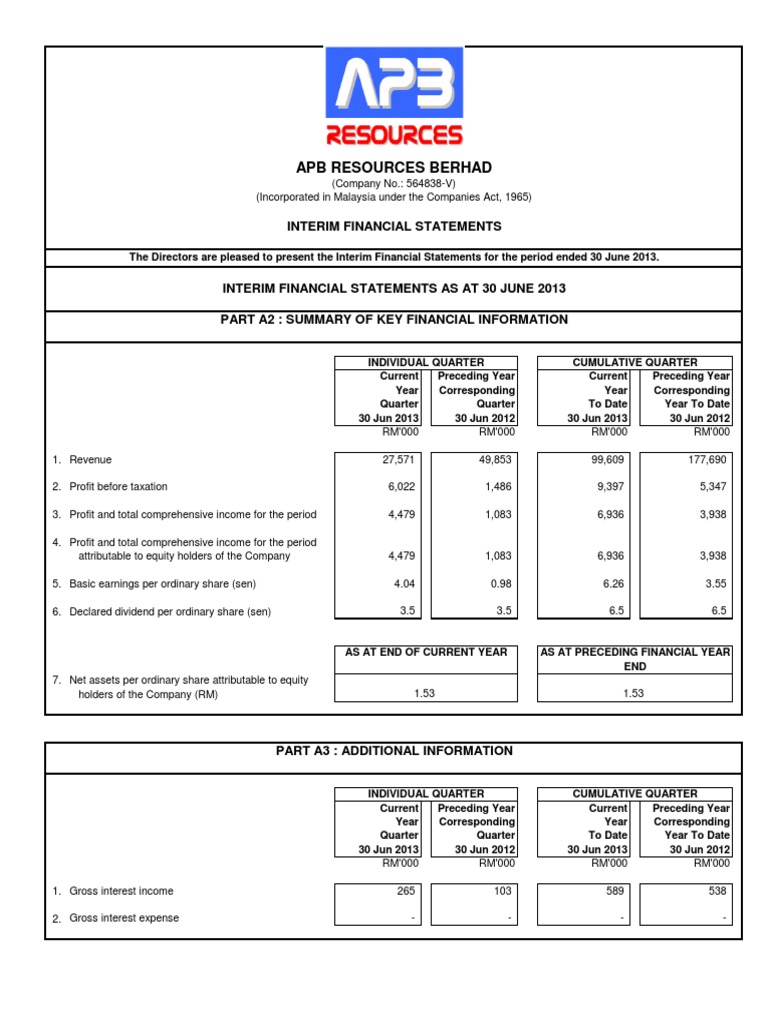 Apb Resources Berhad: Interim Financial Statements | PDF | Dividend ...
