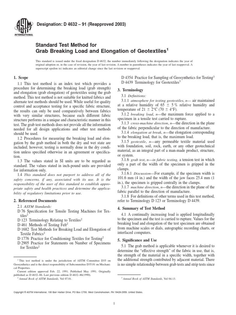 Grab Breaking Load and Elongation of Geotextiles: Standard Test Method ...