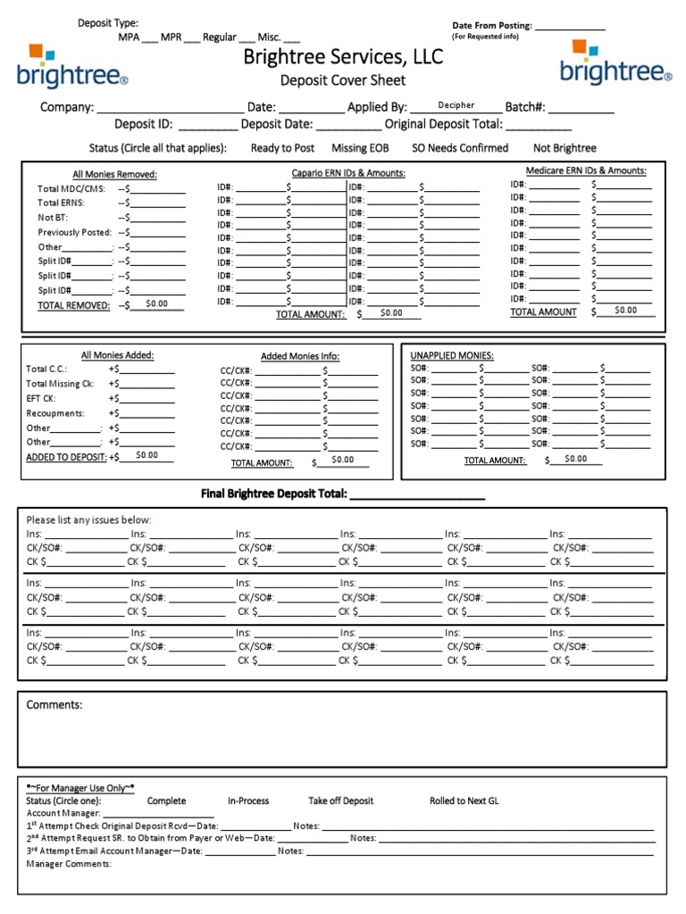 Brightree RCM Deposit Summary Form | PDF | Services (Economics) | Payments