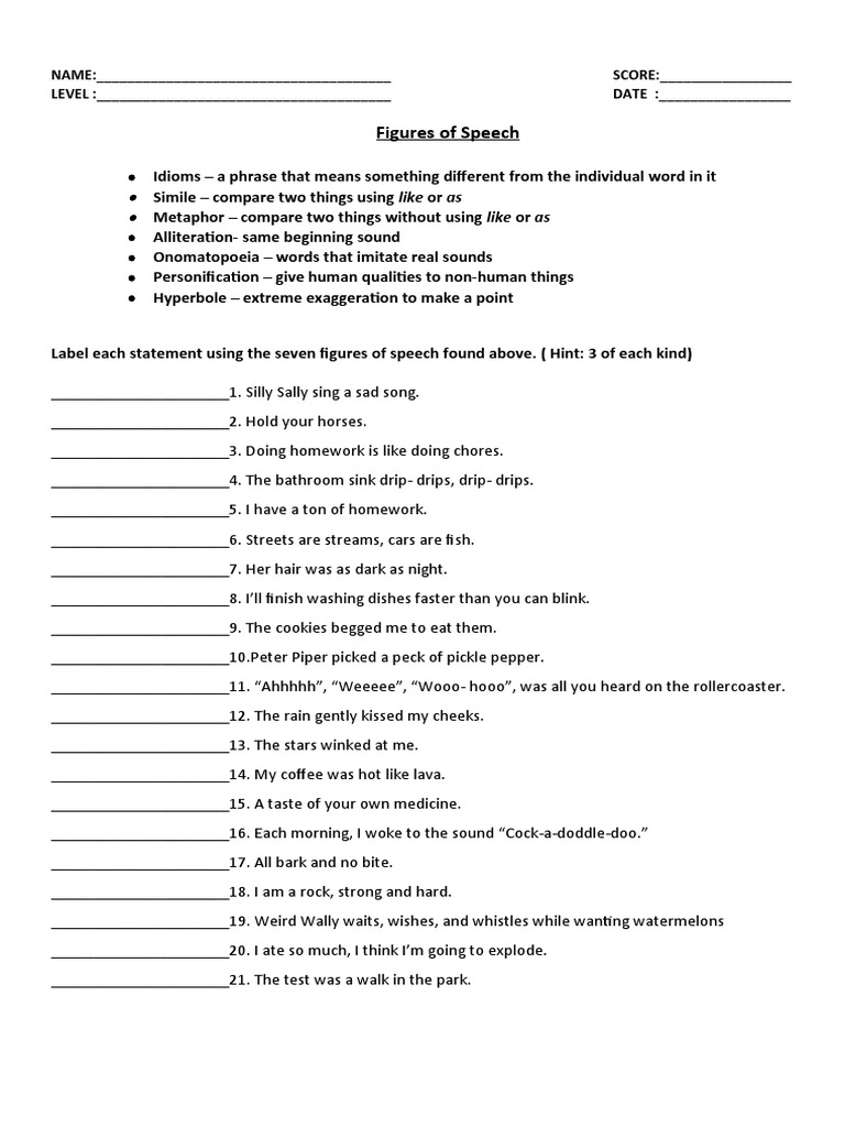 Figures of Speech: Label Each Statement Using The Seven Figures of ...