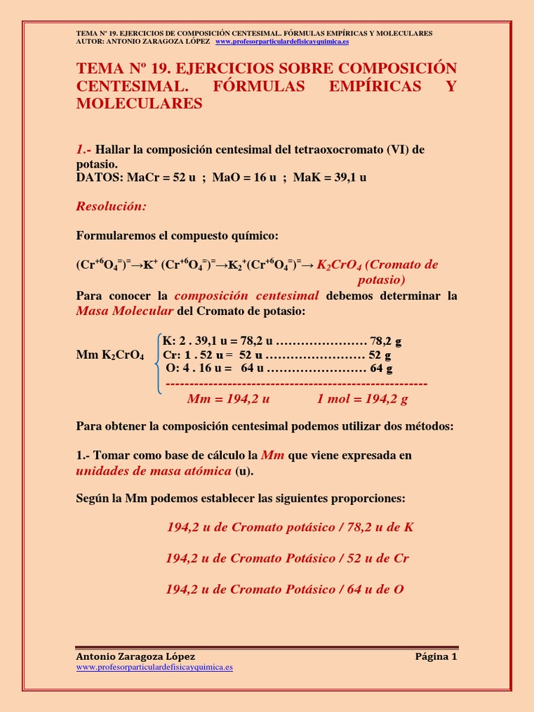 Ejercicios Sobre Composición Centesimal. Fórmulas Empíricas y ...