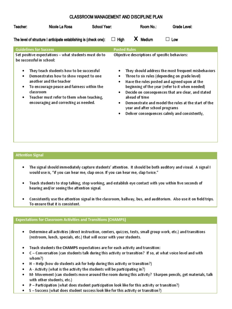 Classroom Management and Discipline Plan: Guidelines For Success Posted ...