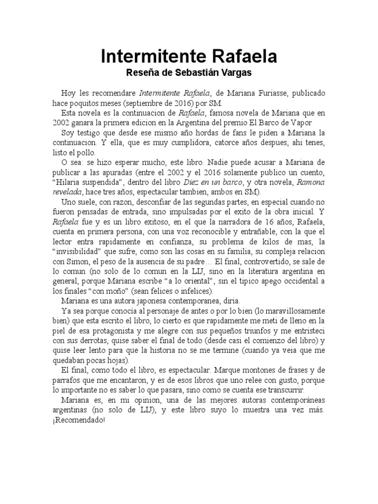 Intermitente Rafaela - Fragmento Reseña Sebas Vargas | PDF