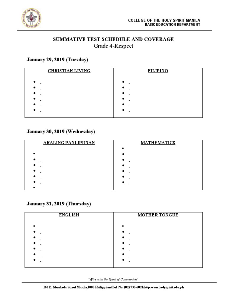NEW SUMMATIVE TEST SCHEDULE AND COVERAGE FORM Grade 1 2 | PDF