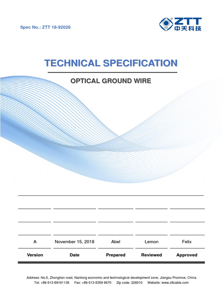 Specs ZTT OPGW 24 Fibers PDF | PDF | Optical Fiber | Specification ...