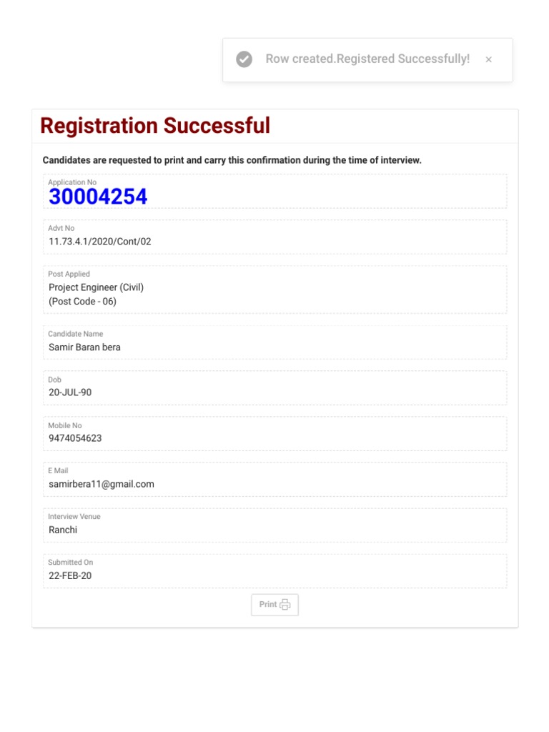 Registration Successful: Row Created - Registered Successfully! | PDF