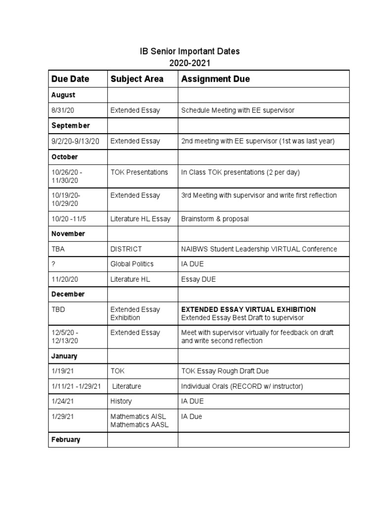 Ib Senior Due Dates 2020-2021 | PDF | Essays | Educational Assessment ...