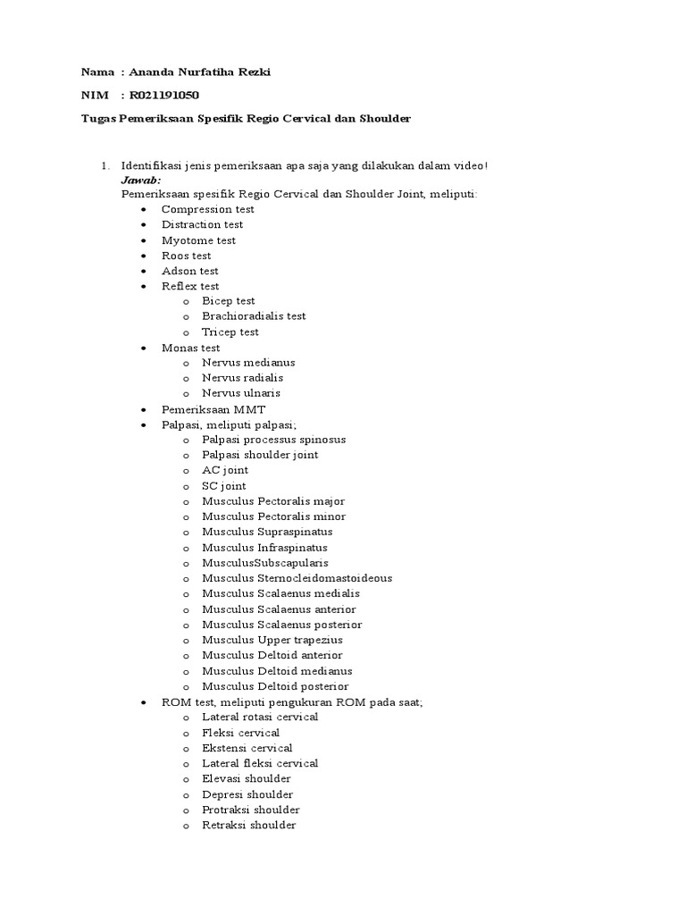 Tugas Pemeriksaan Spesifik Regio Cervical Dan Shoulder | PDF | Sains ...